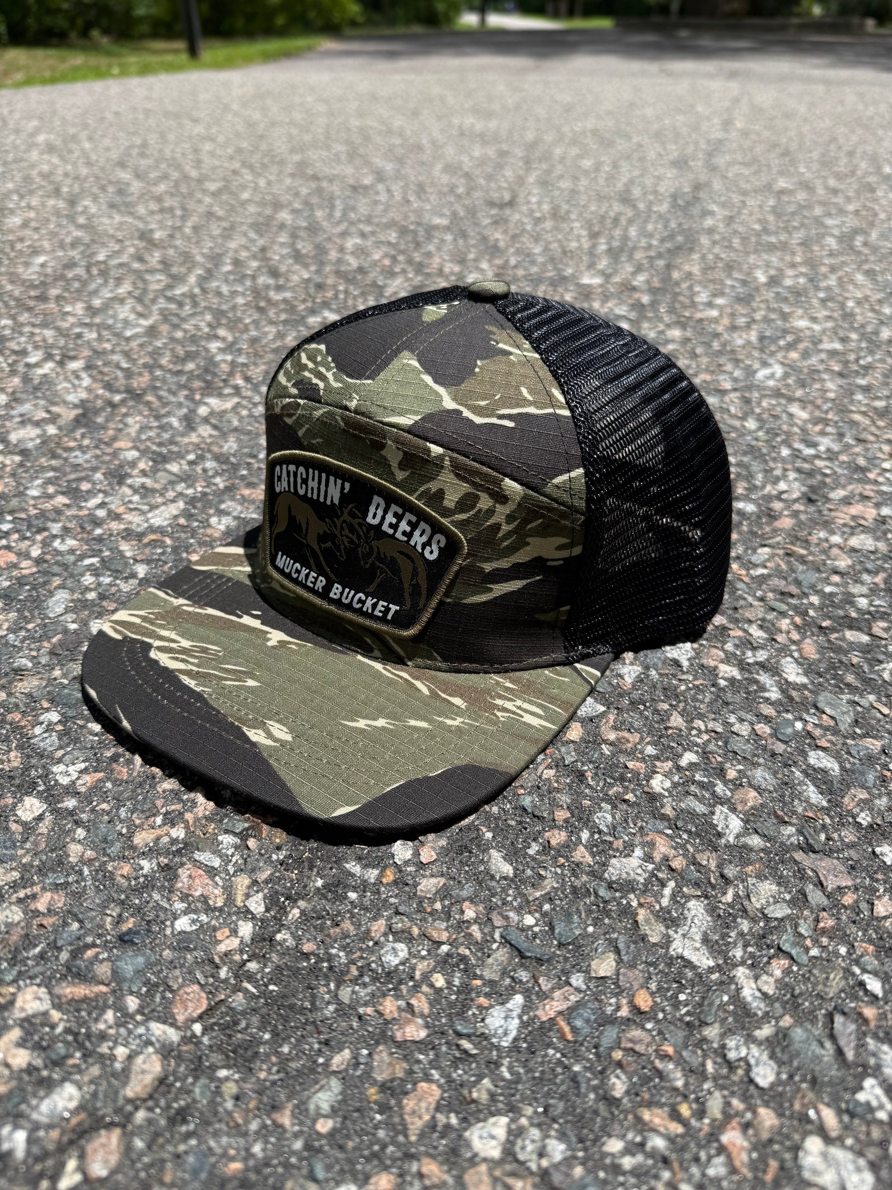 Curved Brim Tiger Stripe Camo Trucker Hat - Deer Design